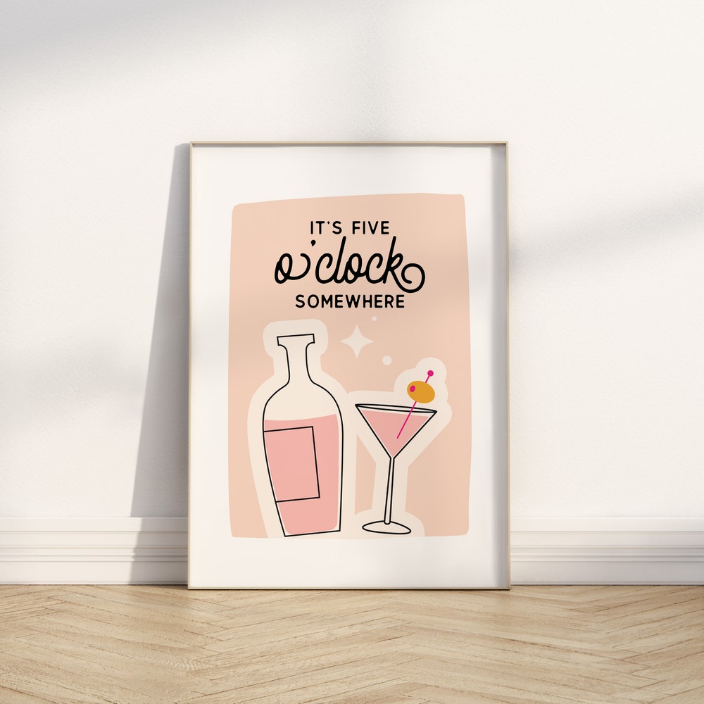 It'S 5 O'Clock Somewhere, Cocktail Bar Cart Printable Wall Art, Retro ...
