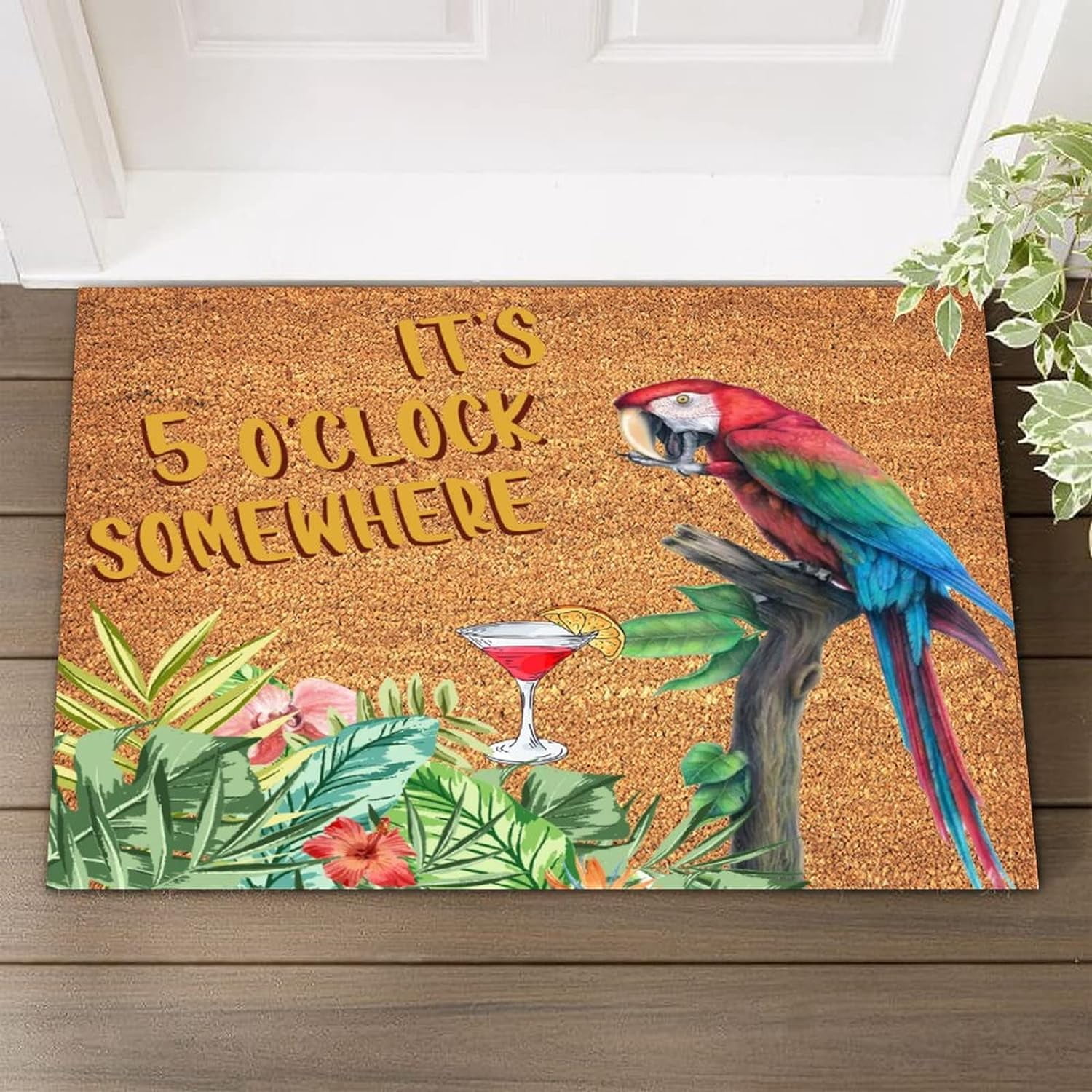 It's 5 O'Clock Somewhere Parrot Tropical Summer Holiday Coir Mat with ...