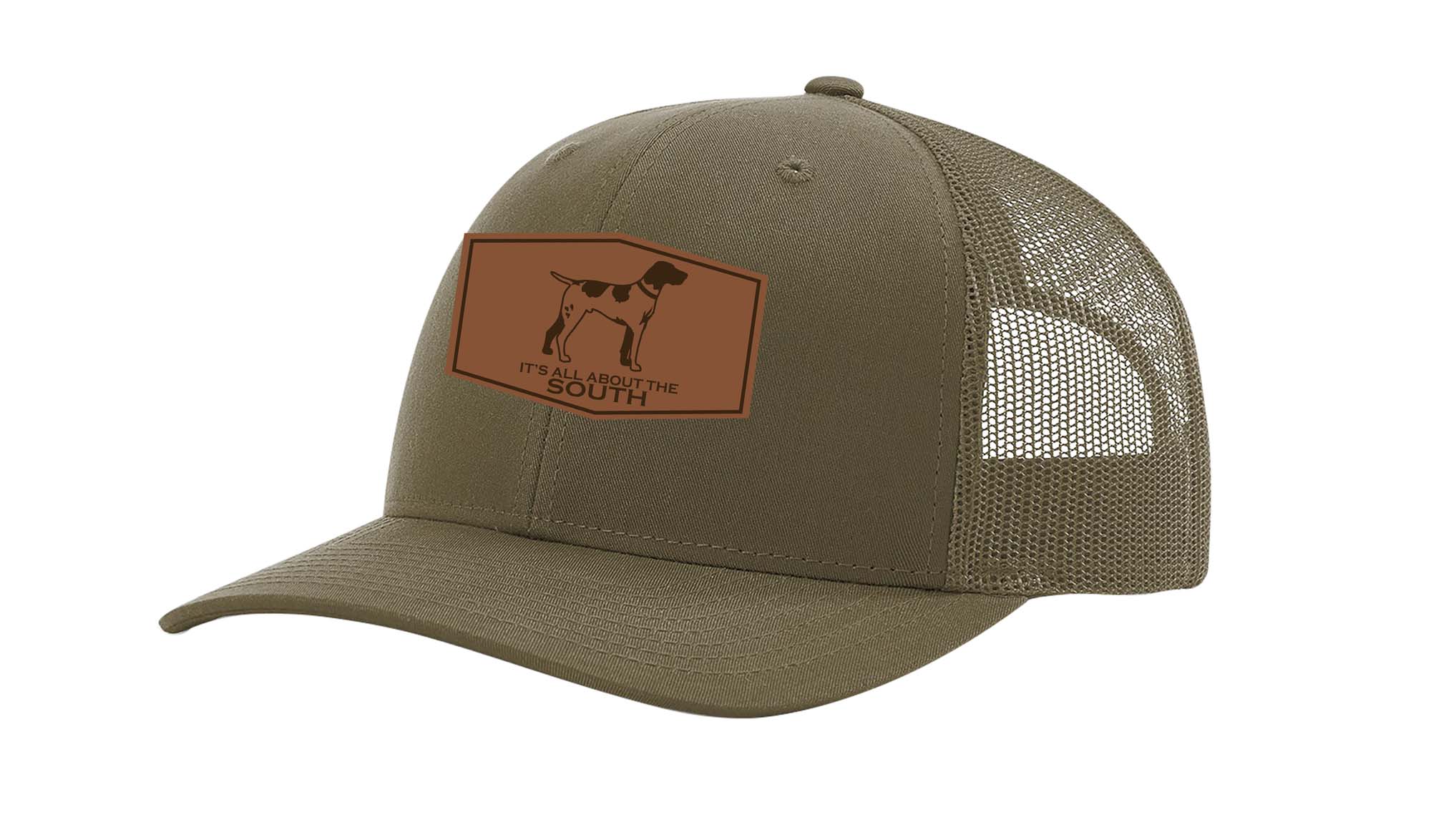 It's All About the South Pointer Outline Laser Engraved Leather Patch Trucker Hat, Loden ...