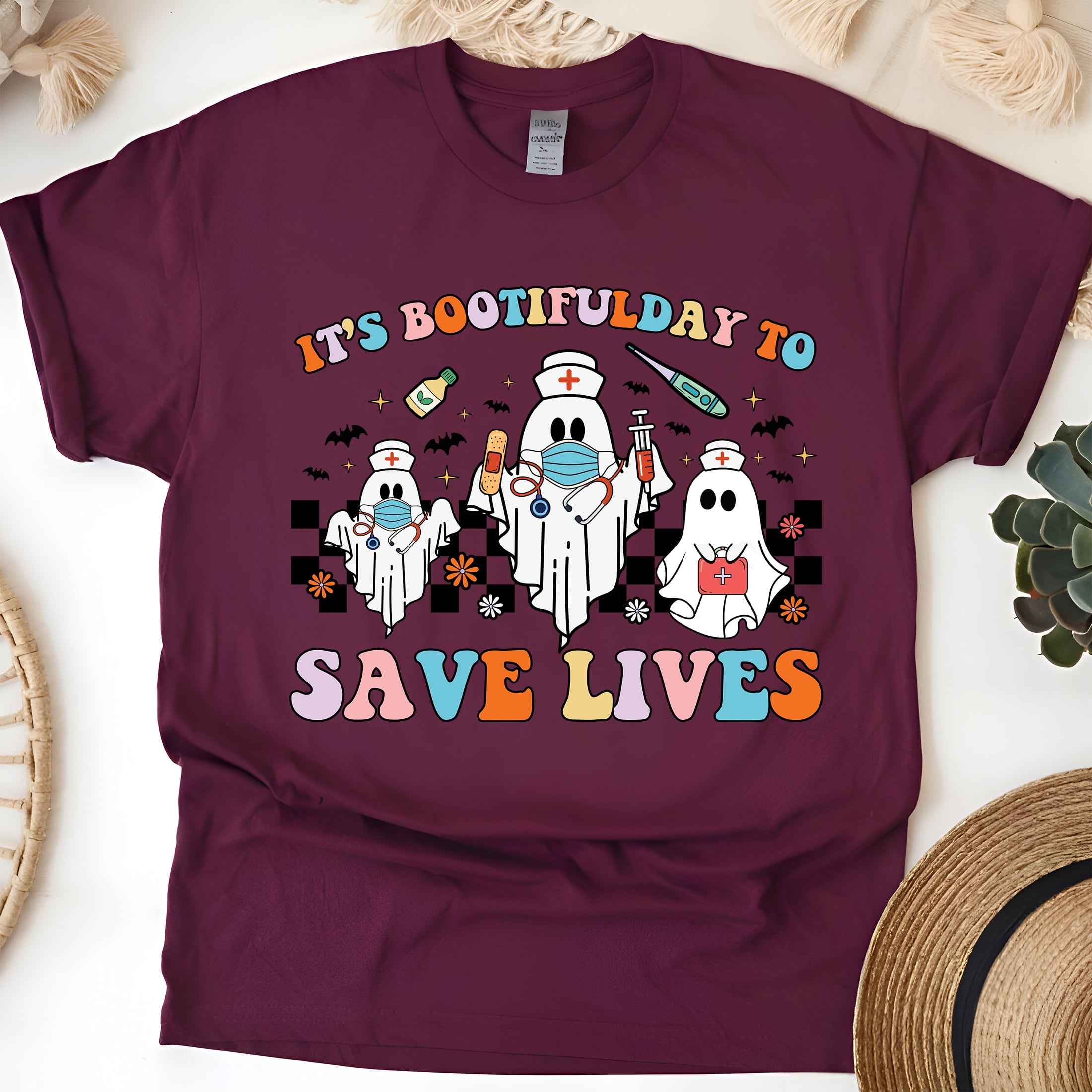 It's Bootiful Day to Save Lives Shirt Halloween Nurse Ghost Tee, Maroon ...