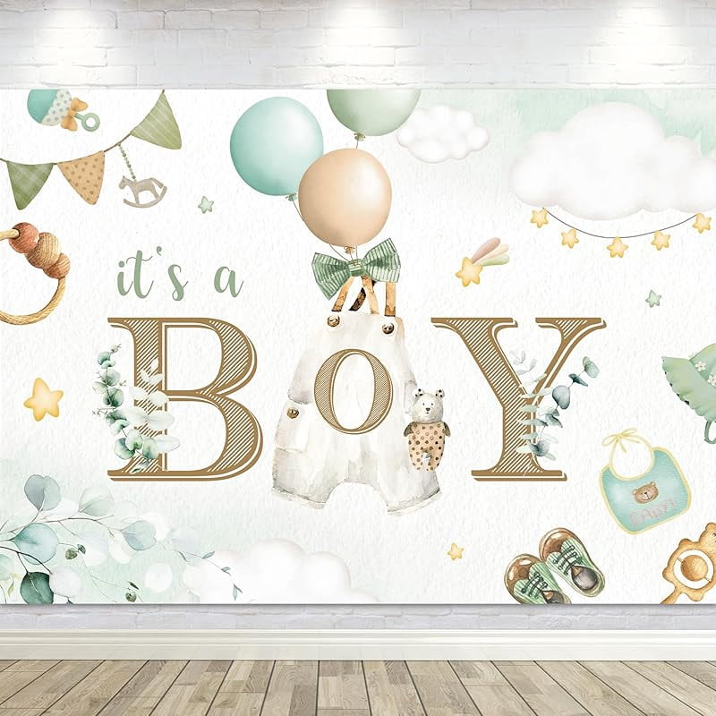 It's a Boy Baby Shower Backdrop Oh Baby Green Eucalyptus Infant Cloth ...