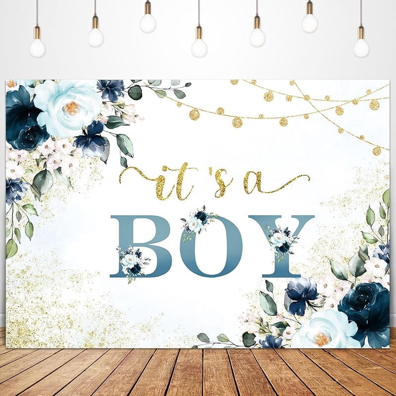 It's a Boy Baby Shower Backdrop for Photography Rustic Blue Floral Rose ...