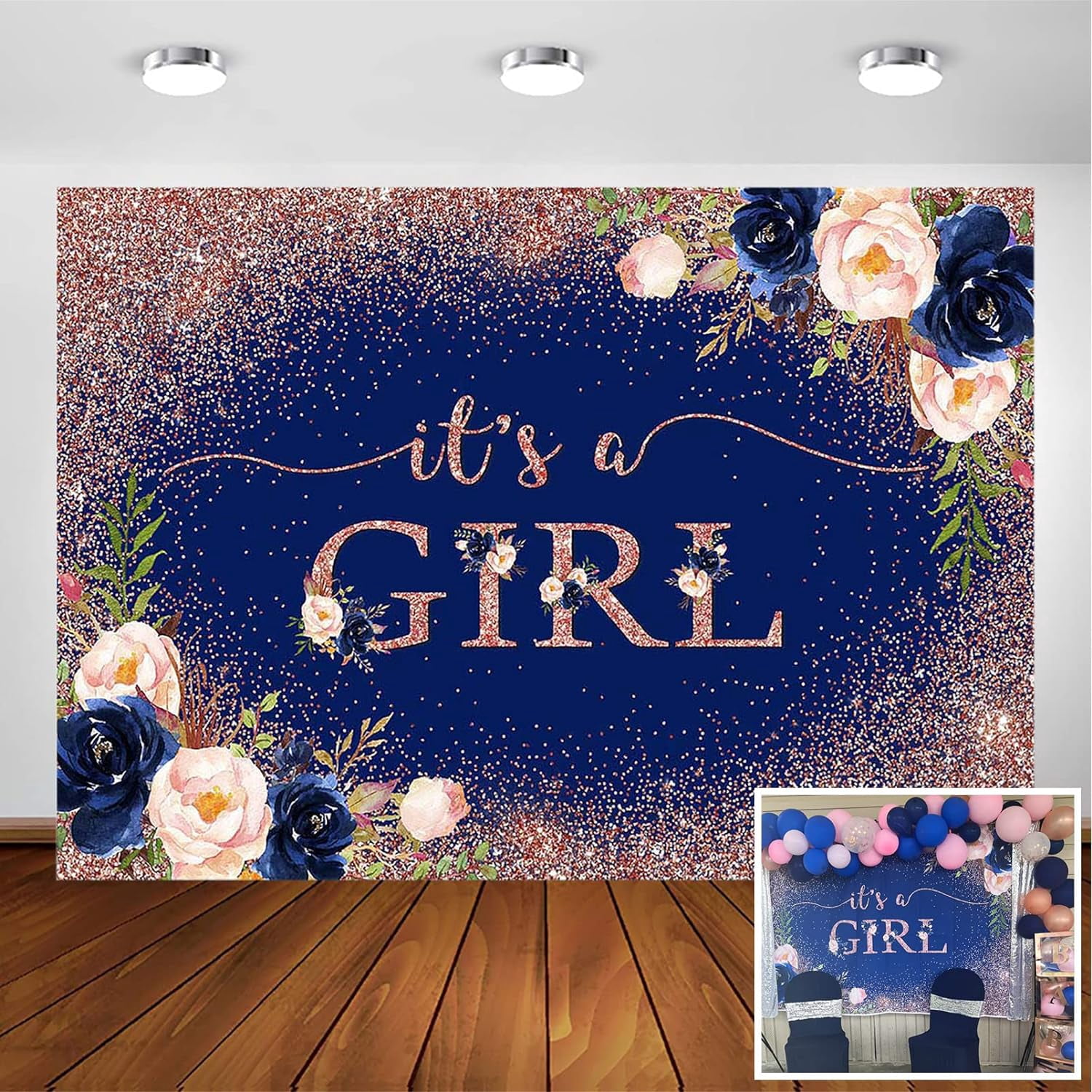 It's a Girl Backdrop for Girl Navy Blue Rose Gold Baby Shower Party ...