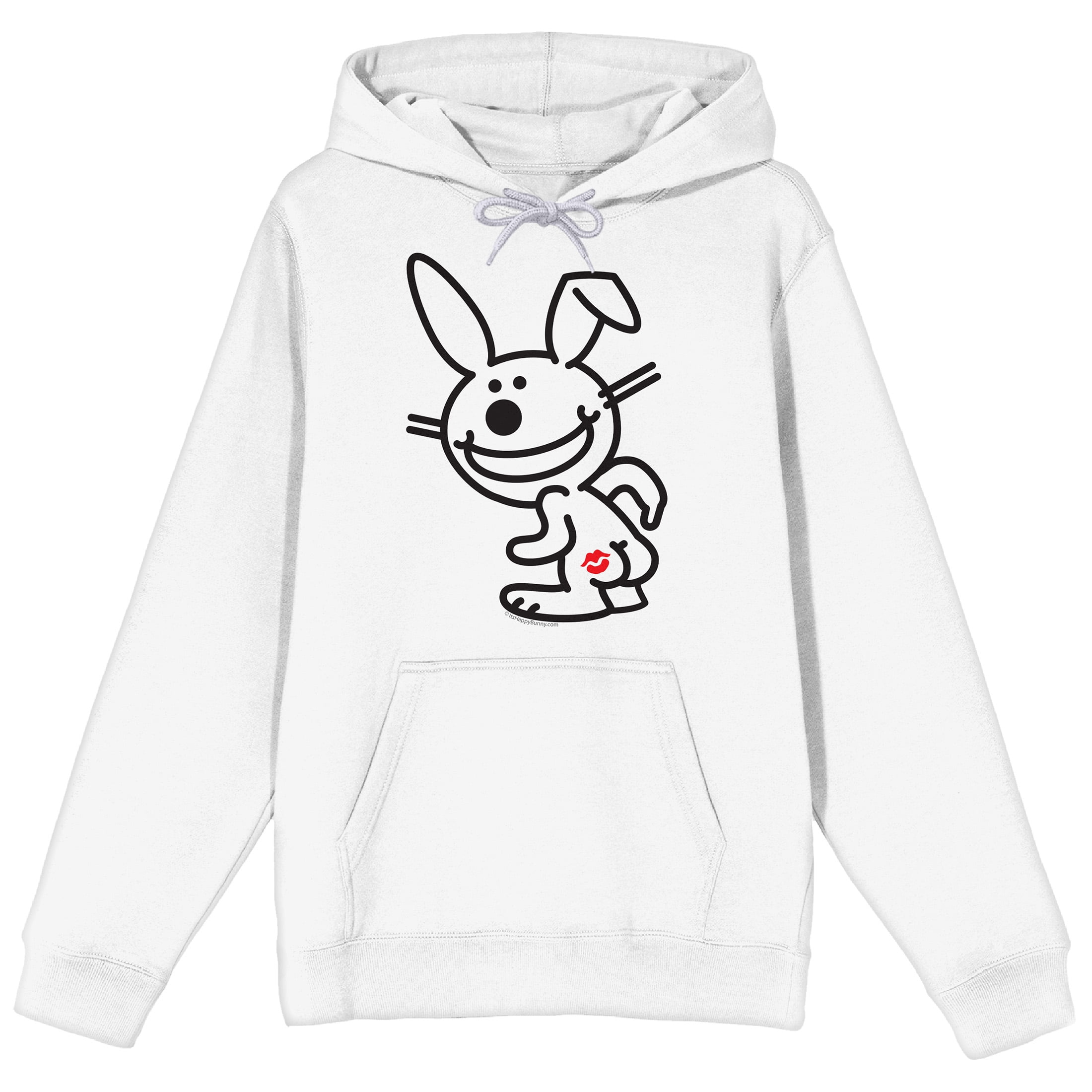 It's Happy Bunny Kiss Mark Adult White Long Sleeve Hooded Sweatshirt ...