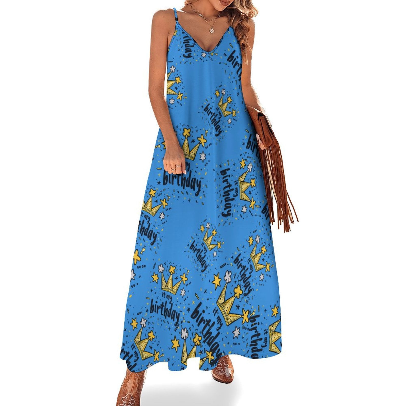 It's My Birthday Crown Women's Maxi Dress Spaghetti Strap Bohemian Long ...