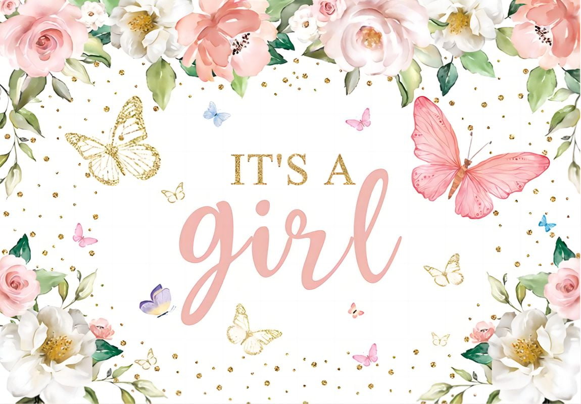 It's a Girl Baby Party Background Pink Flower Butterfly Suitable for ...