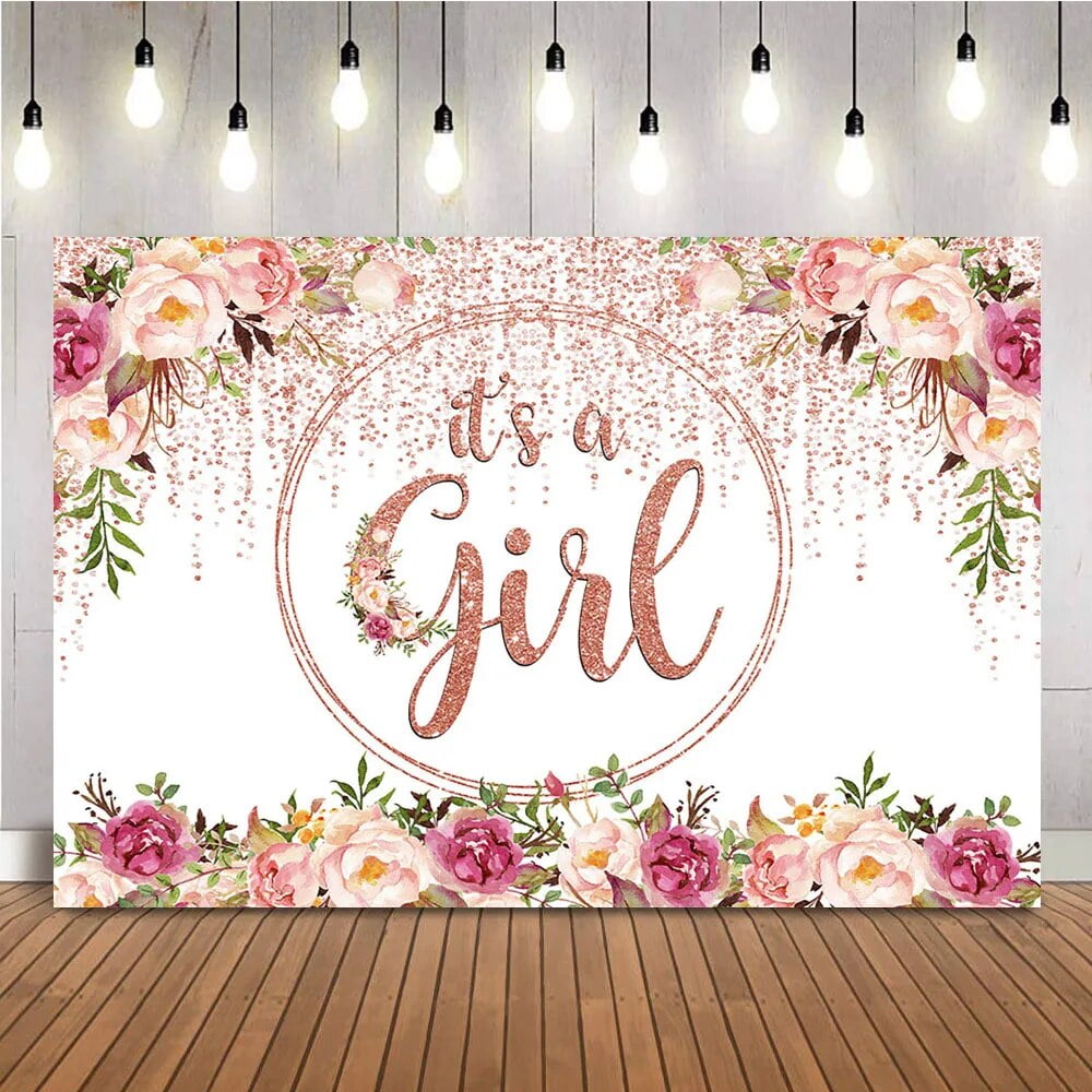 It's a Girl Backdrop Baby Shower Pink Flowers Photo Background Rose ...