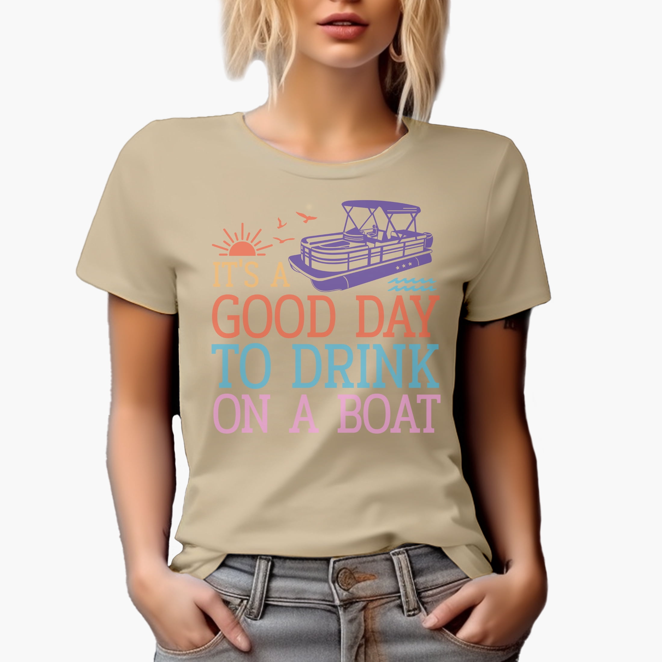 It's a Good Day to Drink on a Boat with Pontoon Art Merch Gift, Tan T ...