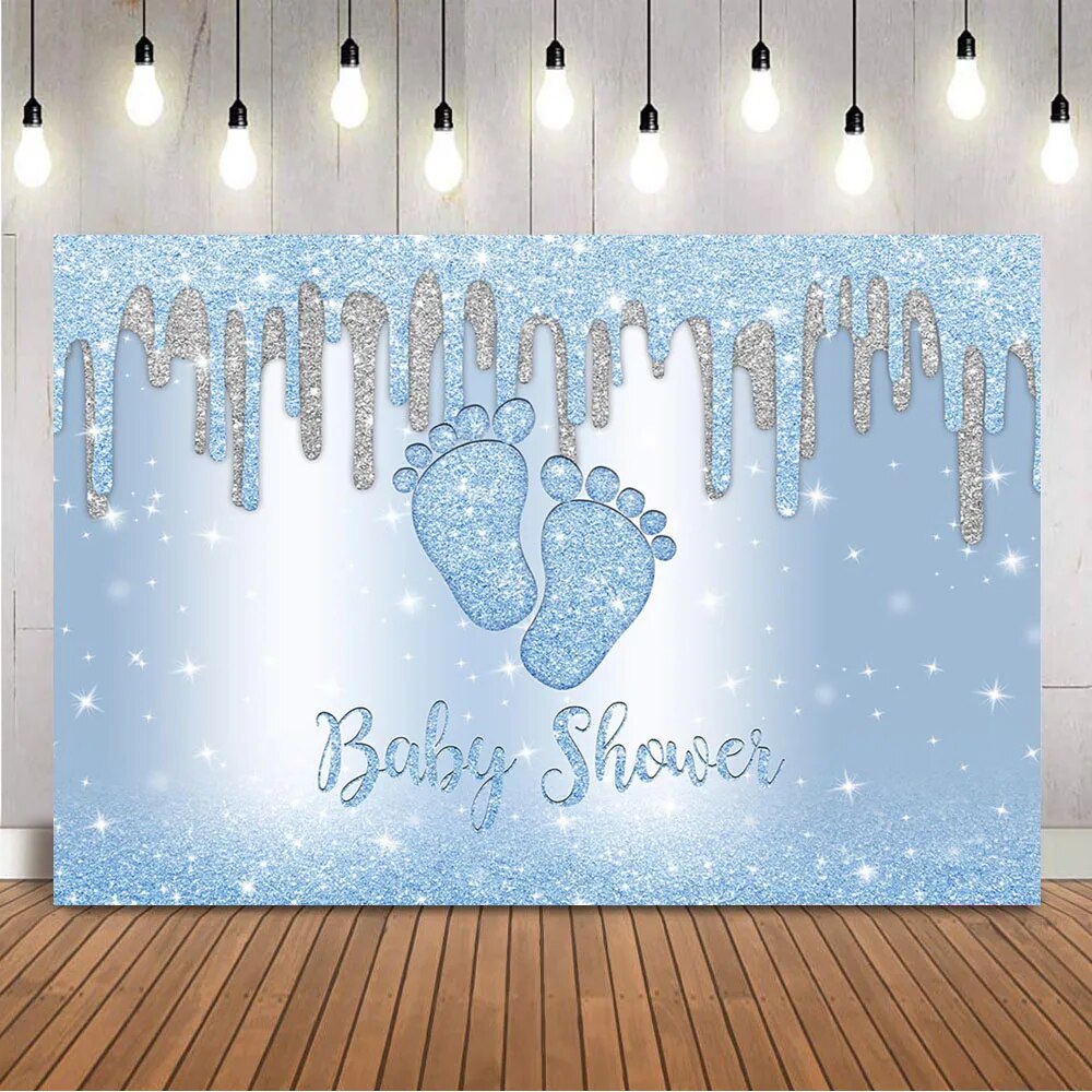 It's a boy Baby Shower Backdrop Blue Glitter Little Feet Background for ...
