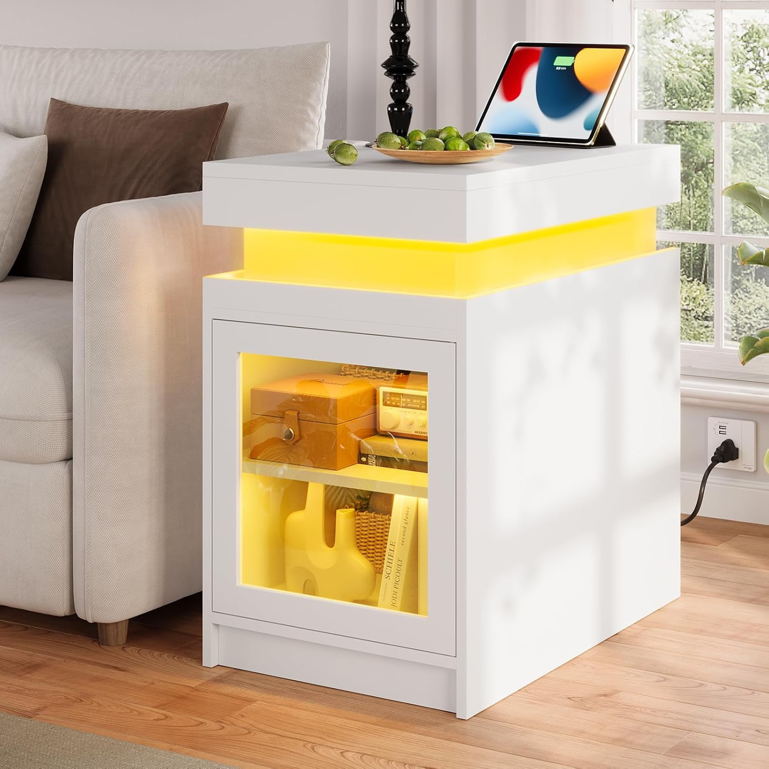 Itaar End Table with Charging Station, Narrow Side Table with Glass ...