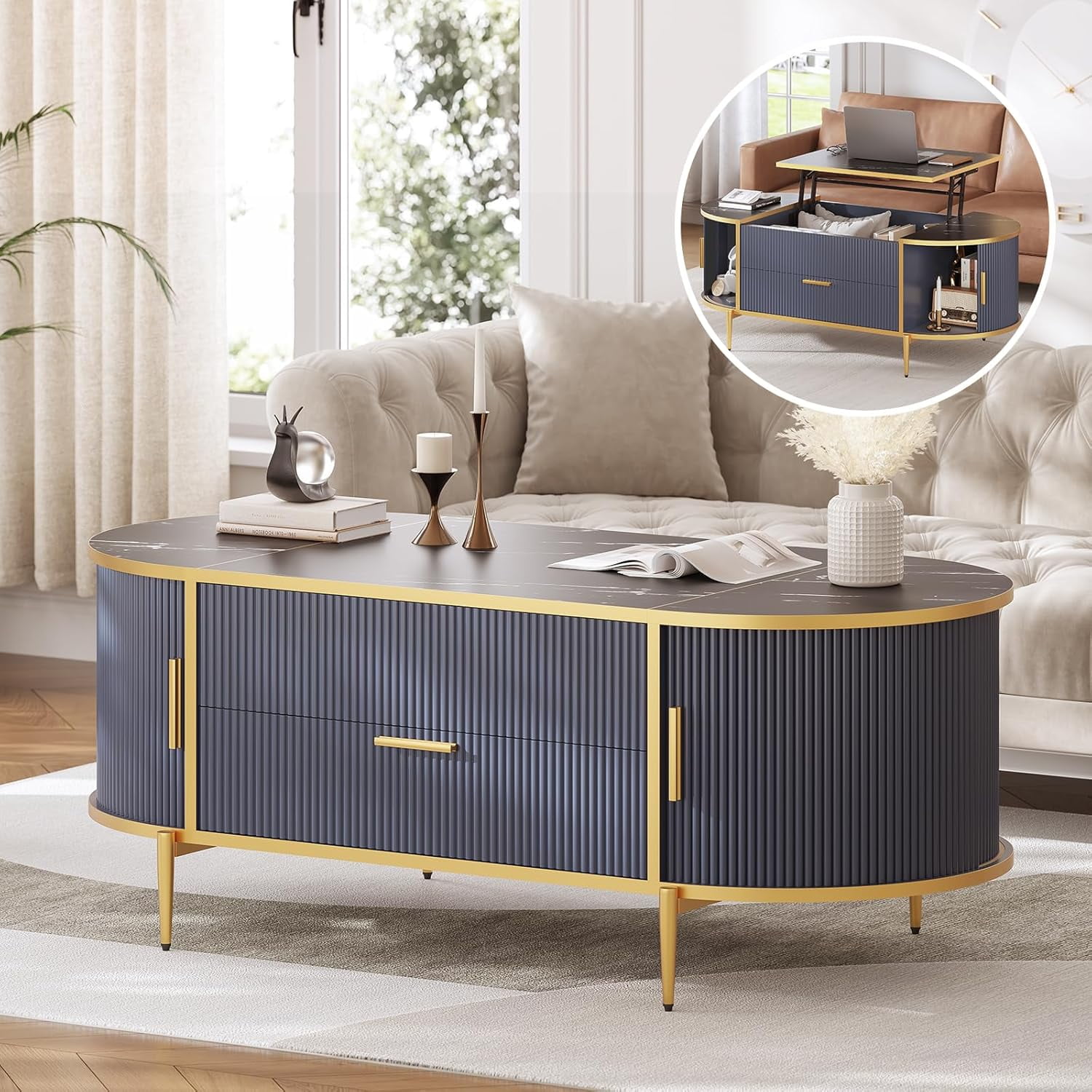 Itaar Fluted Lift Top Coffee Table with Storage, Oval Coffee Table with ...