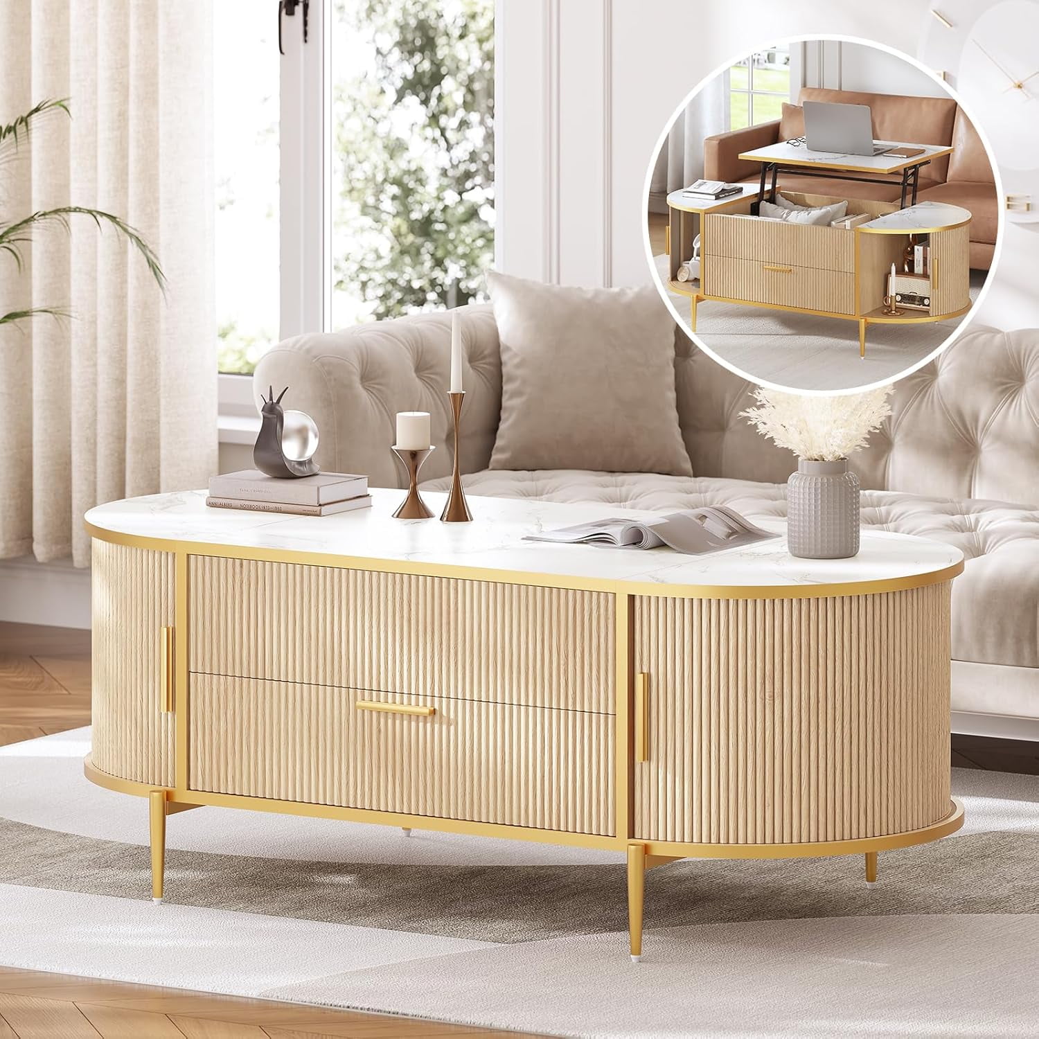 Itaar Fluted Lift Top Coffee Table with Storage, Oval Coffee Table with ...