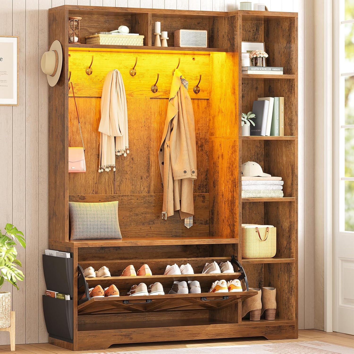 Itaar Hall Tree with Bench and Shoe Storage, Farmhouse Entryway Bench ...