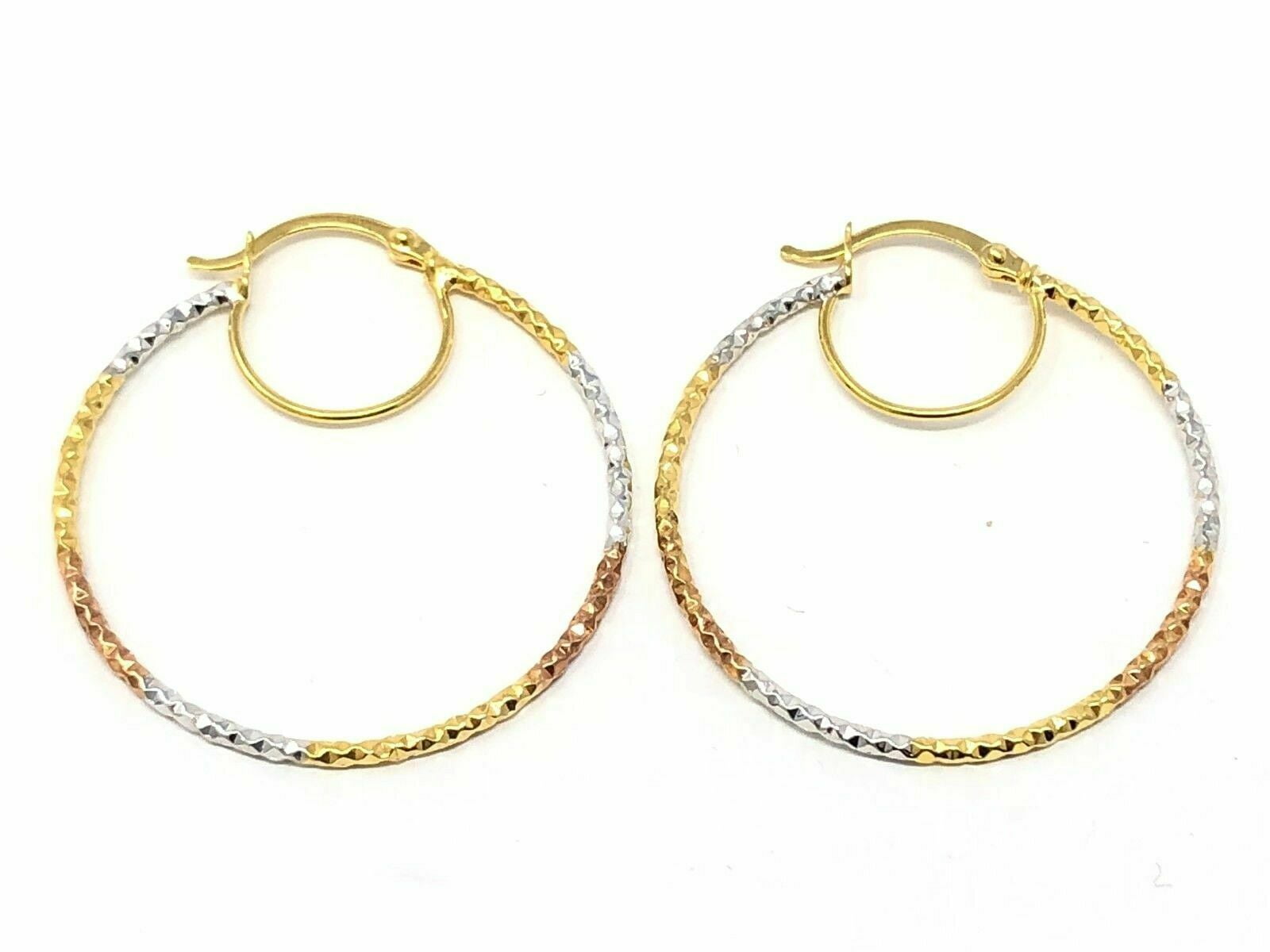 Italian 14k Tri Color Gold Diamond Cut Round Hoop Loop Earrings 1.3" 2. ...