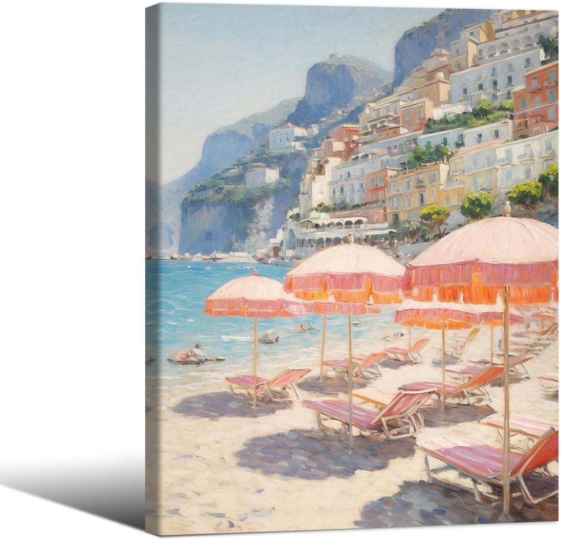 Italian Amalfi Coast Beach Wall Art Pink Pastel Aesthetic Coastal ...