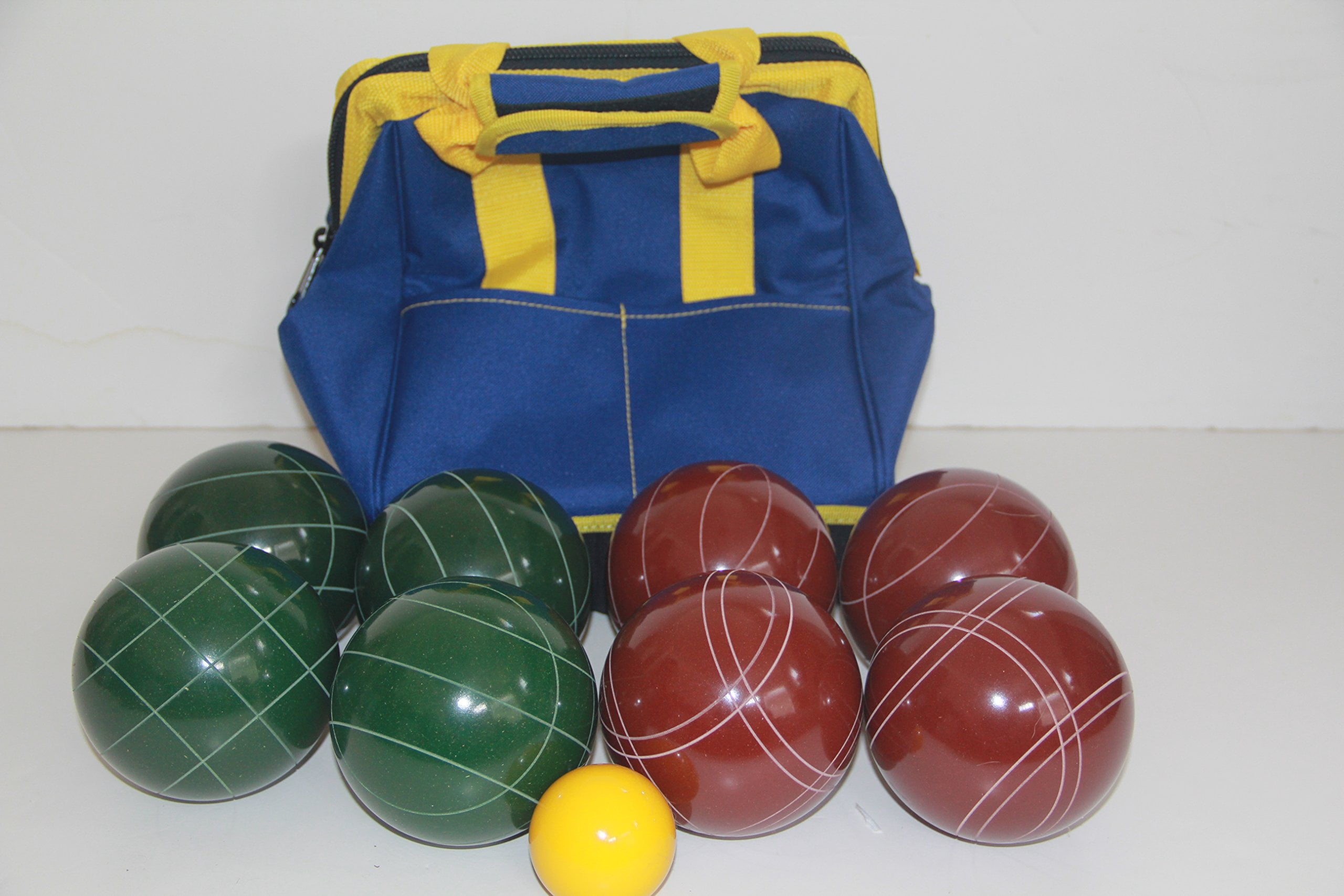 Italian/American Made, 107mm EPCO Bocce Set - Dark red and Green Balls and Blue/Yellow Bag ...