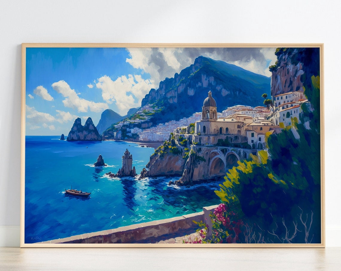 Italian Art Print Coastal Landscape Home Decor Boho Bright Blue Ocean ...