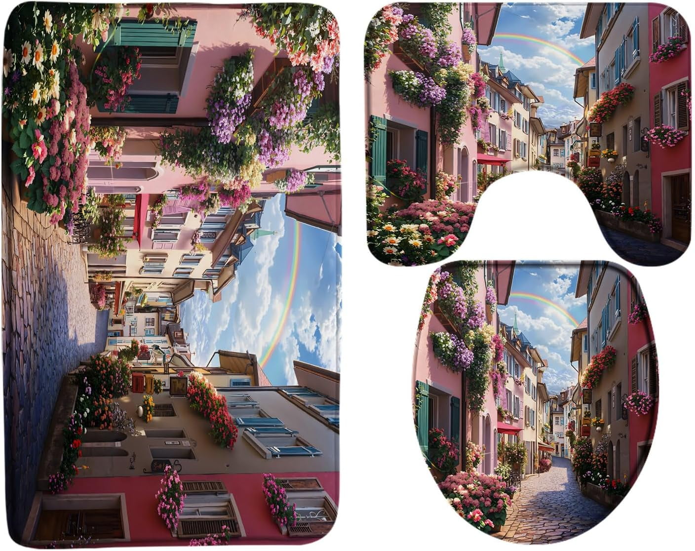 Italian Bathroom Rug Set 3 Piece, Greece Scene European Old Street ...