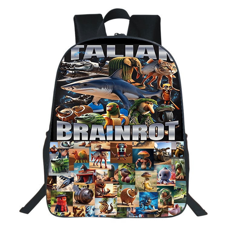 Italian-Brainrot Printed Backpack Brain Hole Shark Student School Bag ...