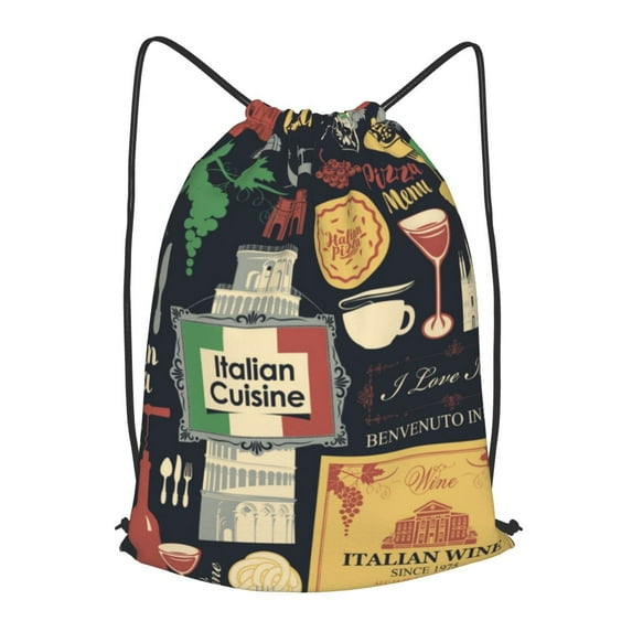Italian Cuisine Pasta Wine Pizza Retro Drawstring Backpack Gym String ...
