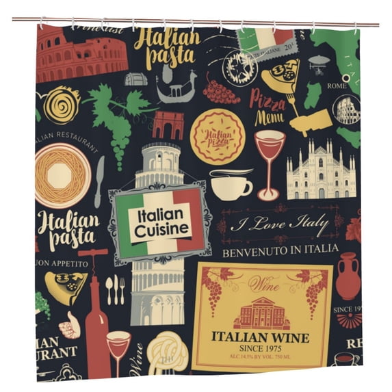 Italian Cuisine Pasta Wine Pizza Retro Shower Curtain with 12 Plastic ...