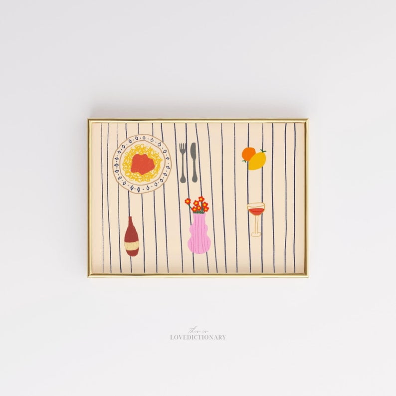 Italian Dinner Table Art Print, Hand-Drawn Food Illustration, Dining ...