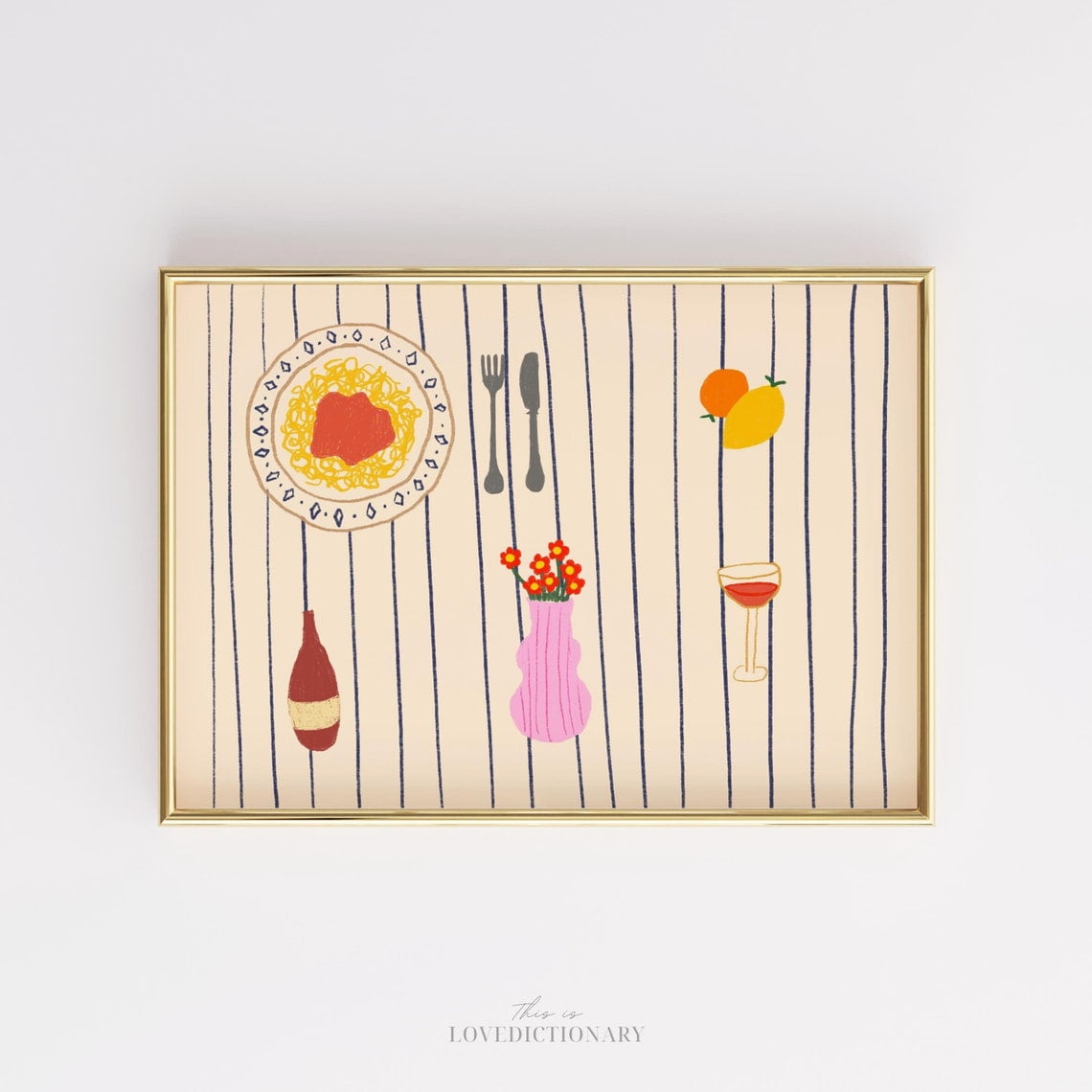 Italian Dinner Table Art Print, Hand-Drawn Kitchen Wall Art, Vibrant ...