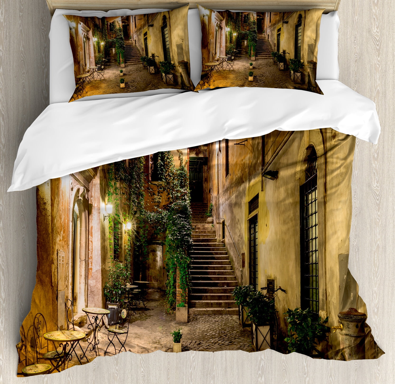 Italian Duvet Cover Set, Old Courtyard Rome Italy Cafe Chairs City ...