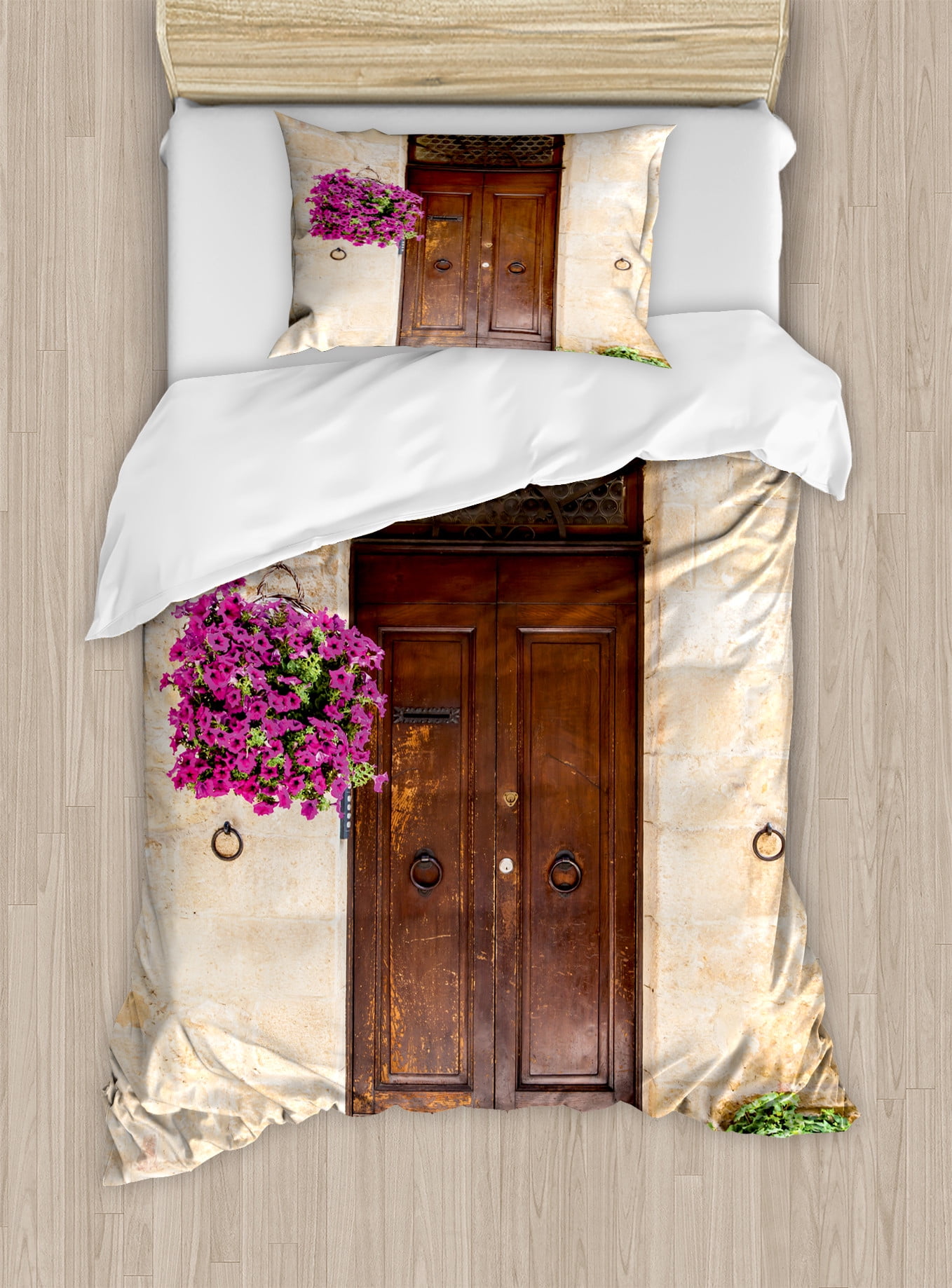 Italian Duvet Cover Set, Rusty Wood Door Flowers in Italy Town ...