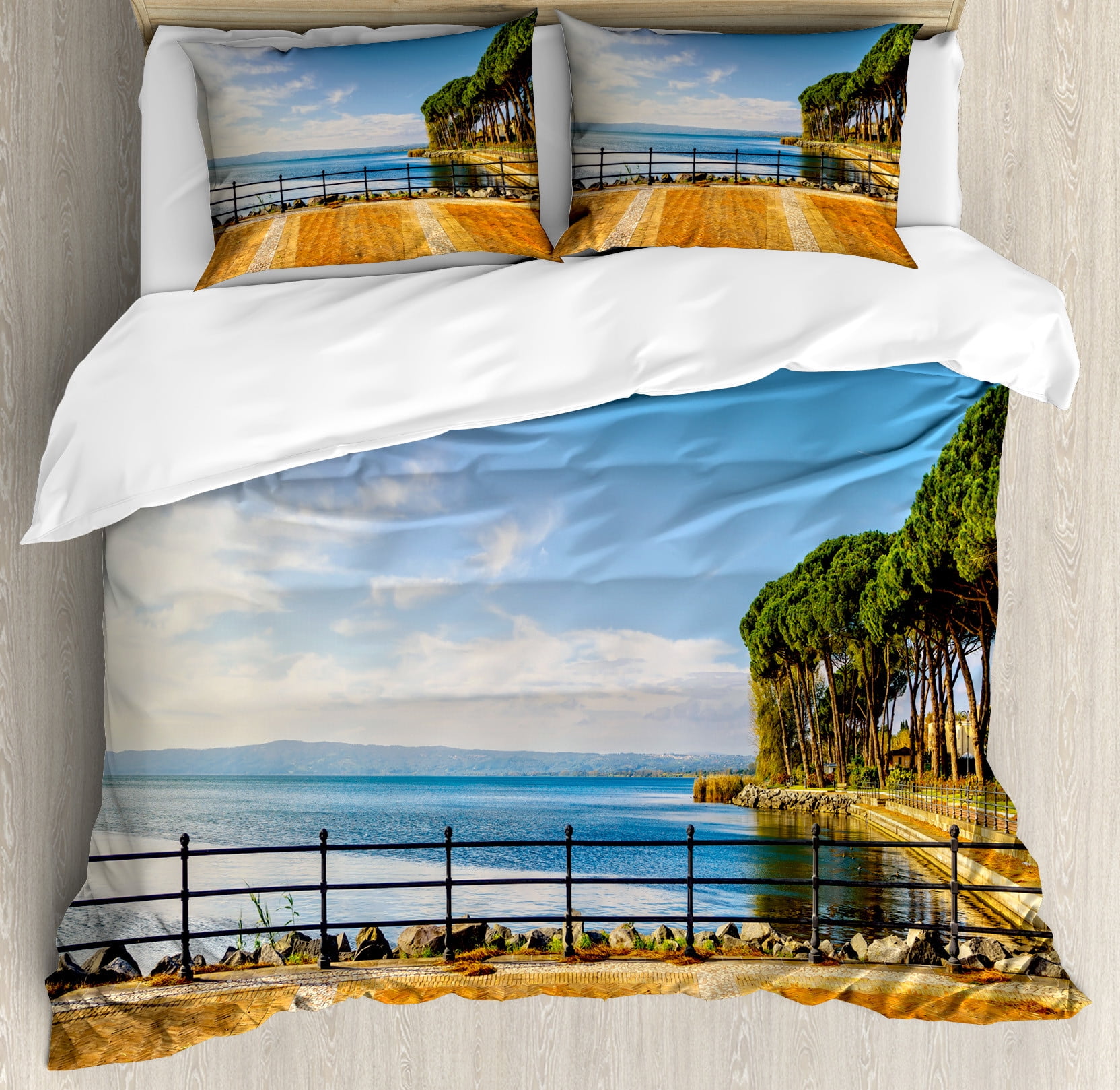 Italian Duvet Cover Set, Terrace Promenade Balcony and Pine Trees in ...
