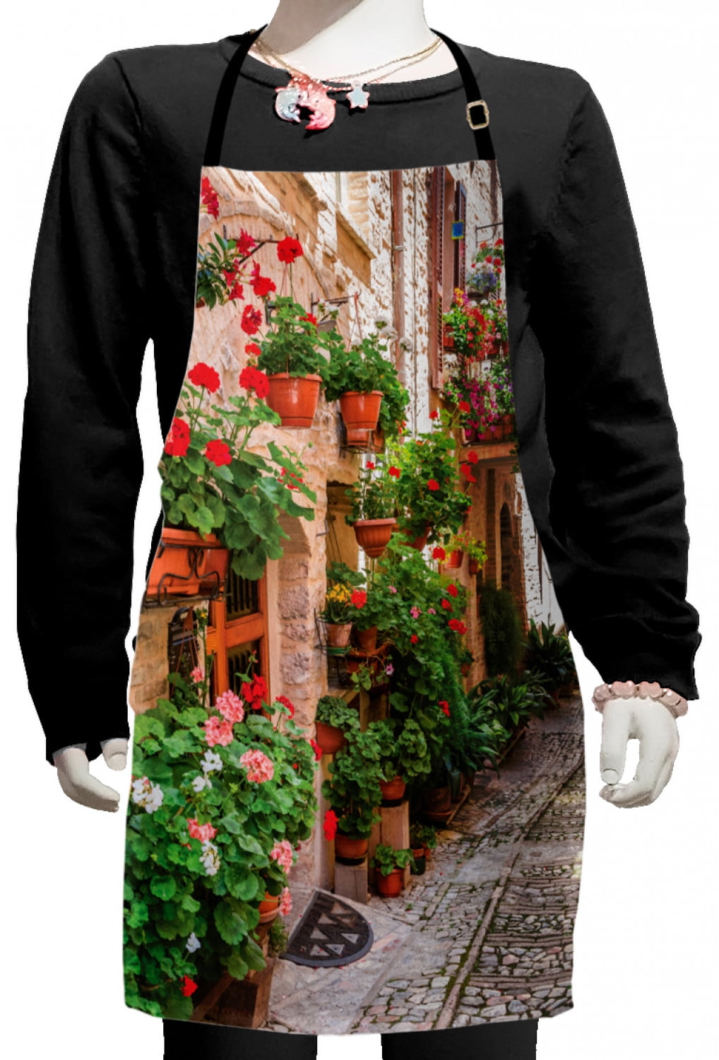 Italian Kids Apron, Street View of a Small Renaissance Town with Floral ...