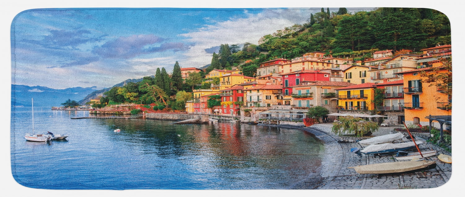 Italian Kitchen Mat, Summer Village by the Mediterranean Sea with Yacht ...