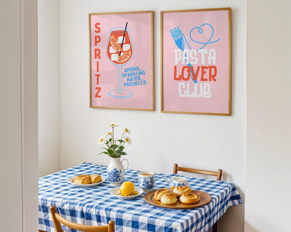 Italian Kitchen Posters Pasta Lover Club Aperol Spritz Cocktail Art Set ...