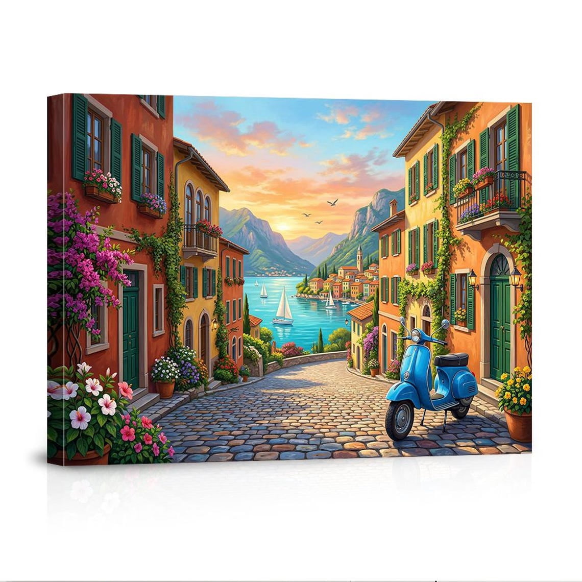 Italian Lake Town Cobblestone Street Mediterranean Scooter Sunset For ...