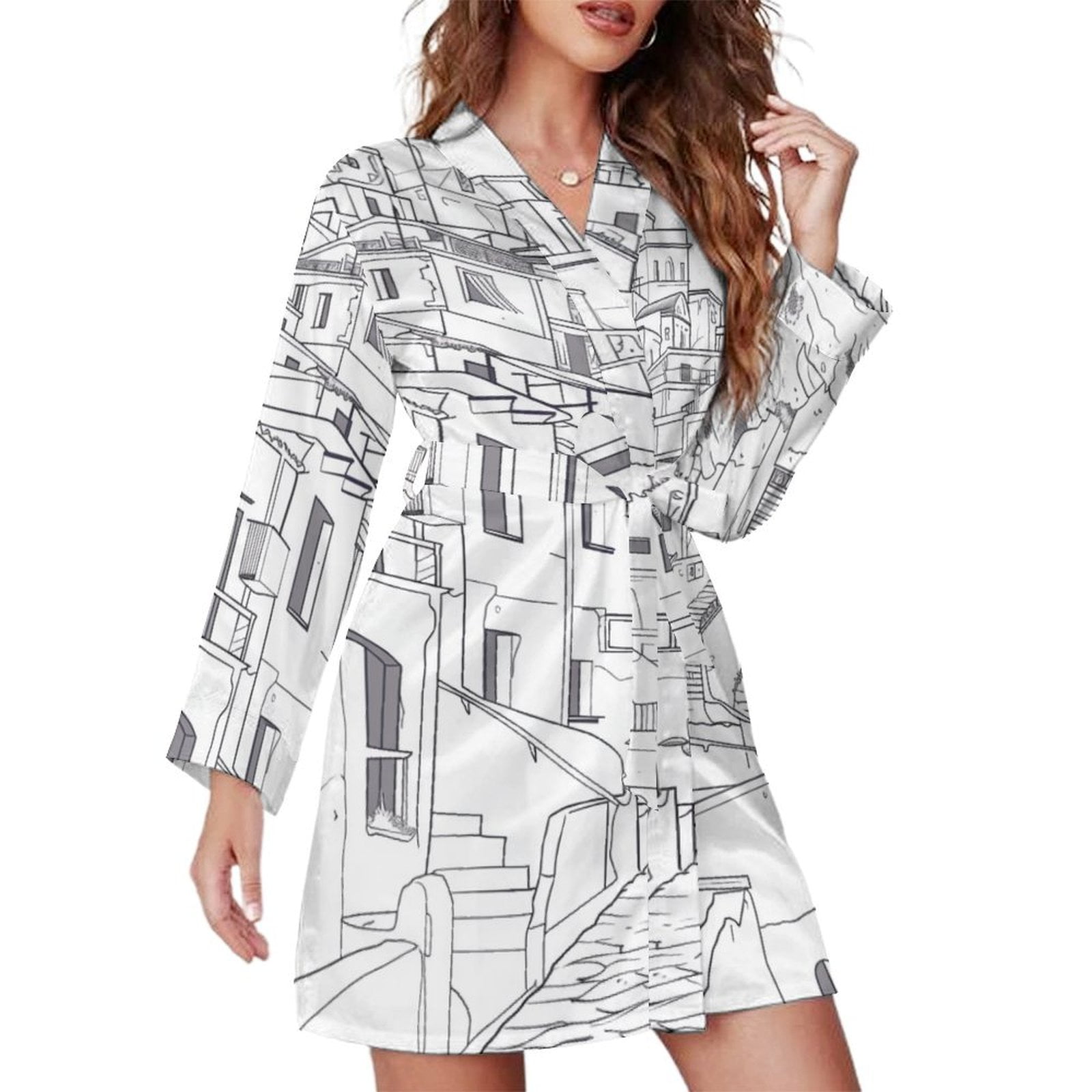 Italian Landscape Night Robe Long Sleeve V Neck Robe With Belt Women's ...