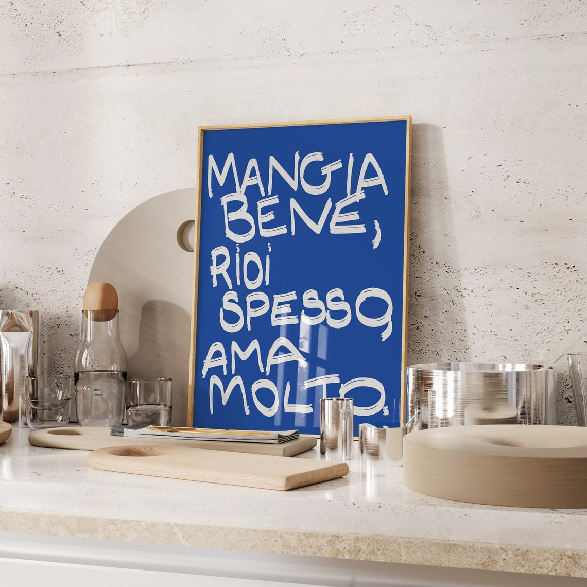 Italian Mangia Bene Blue Vintage Poster Print Decor, Retro Hand Drawn ...