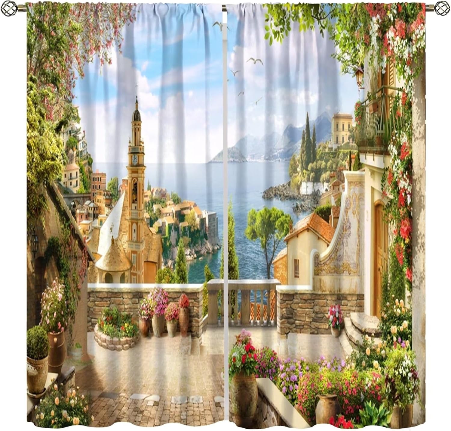 Italian Natural Scenery Country Curtain,Romantic Flowers Retro Town ...