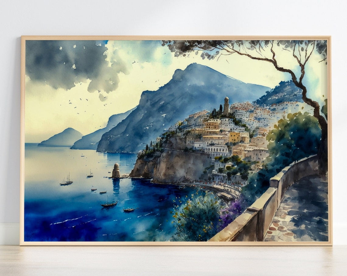 Italian Ocean Landscape Art Print Watercolour Painting Amalfi Coast ...