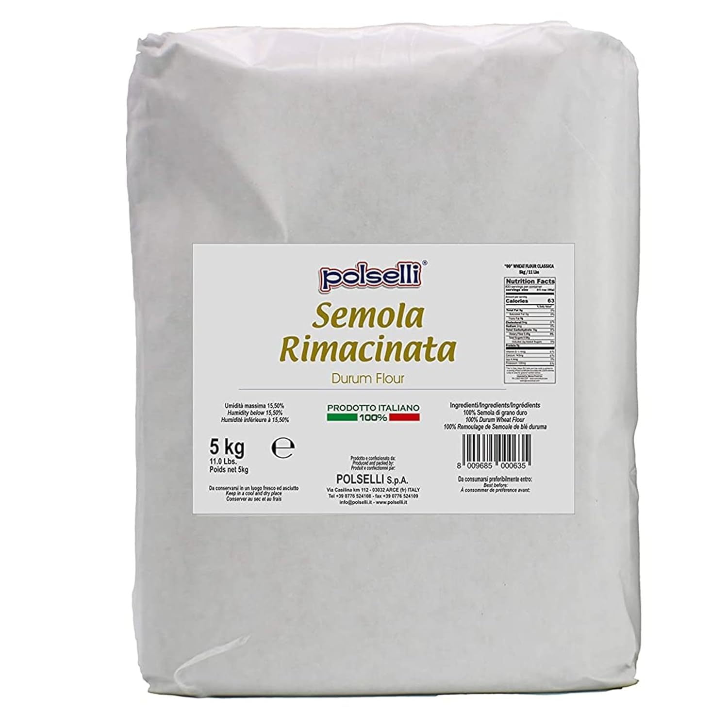 Italian Semola Flour, 11 lbs (5 kg), Fine Ground Semolina Rimachinata ...