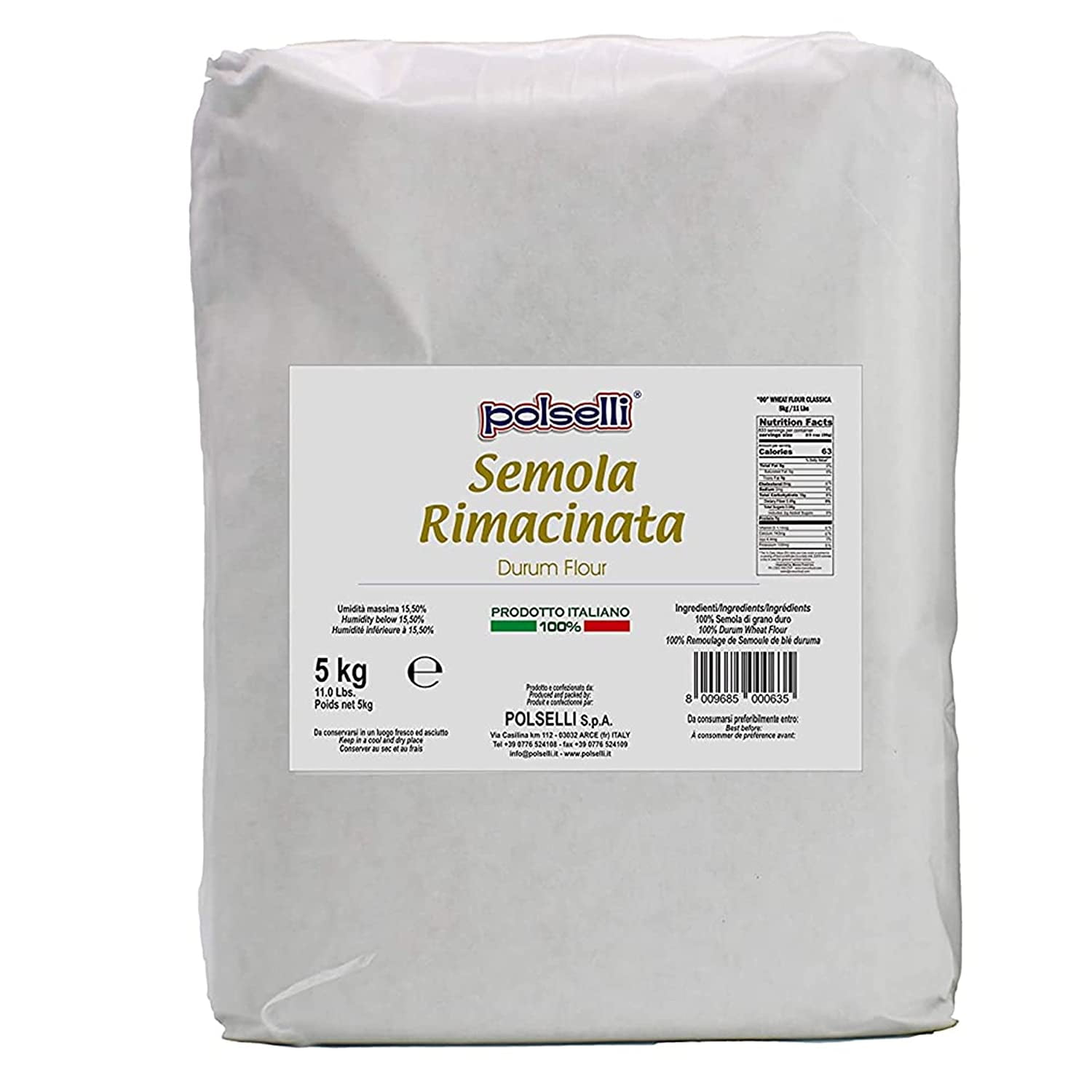 Italian Semola Flour, 11 lbs (5 kg), Fine Ground Semolina Rimachinata ...