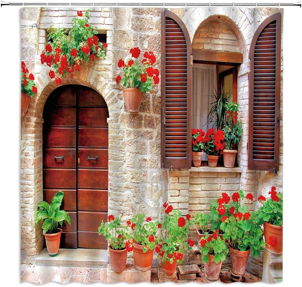 Italian Shower Curtain European Vintage Old Street Rustic Flower Wall ...