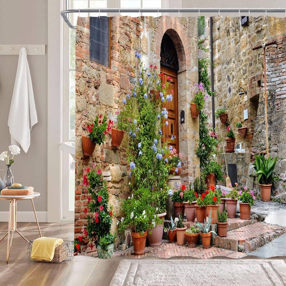 Italian Shower Curtain Vintage European Old Street Flower Nature Scene ...