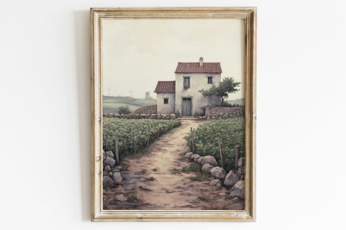 Italian Stone House Print, Mediterranean Wall Art, Vineyard Painting ...