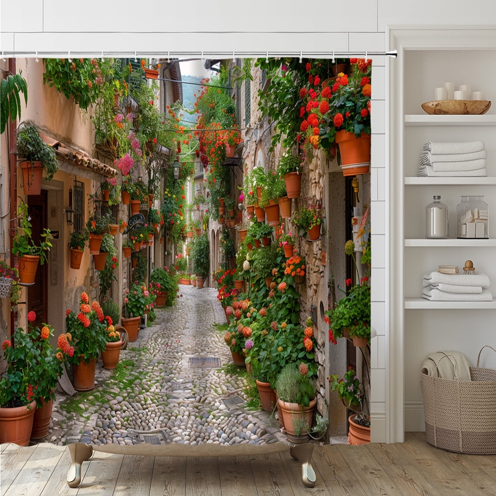 Italian Street Bathroom Shower Curtain Set Tuscan European Vintage ...