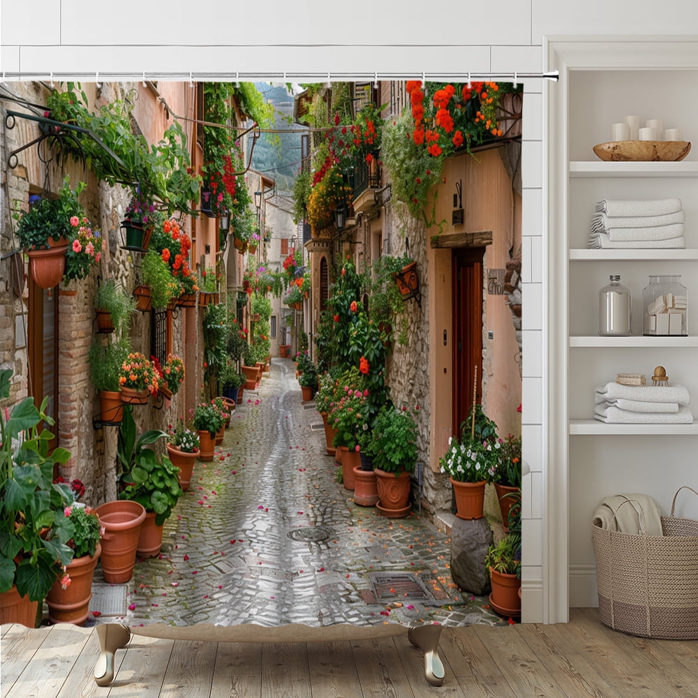 Italian Street Bathroom Shower Curtain Set Tuscan European Vintage ...