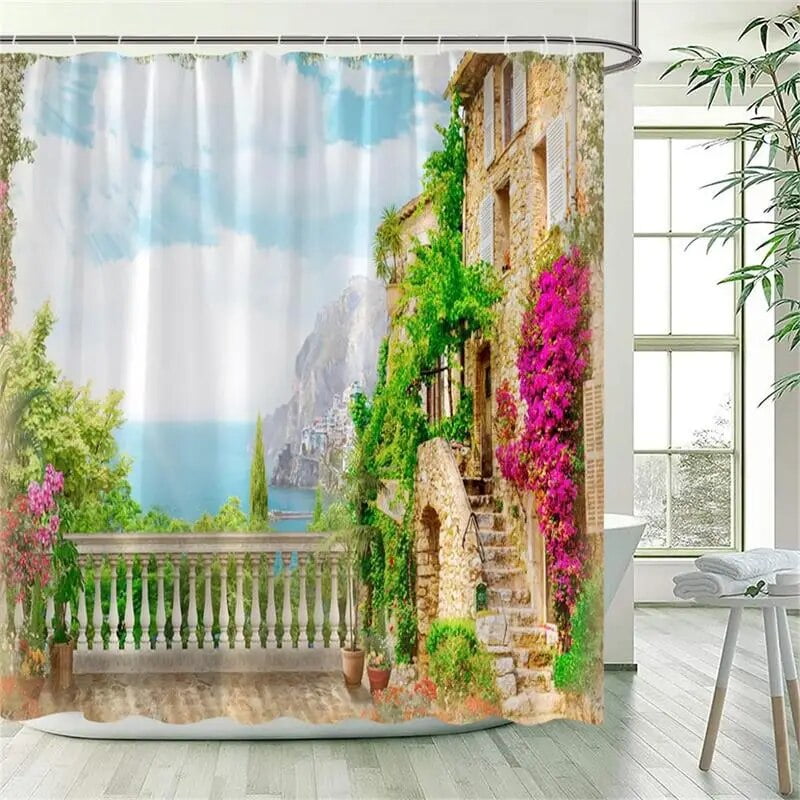 Italian Street Landscape Shower Curtains Seaside Town Flowers Plants ...
