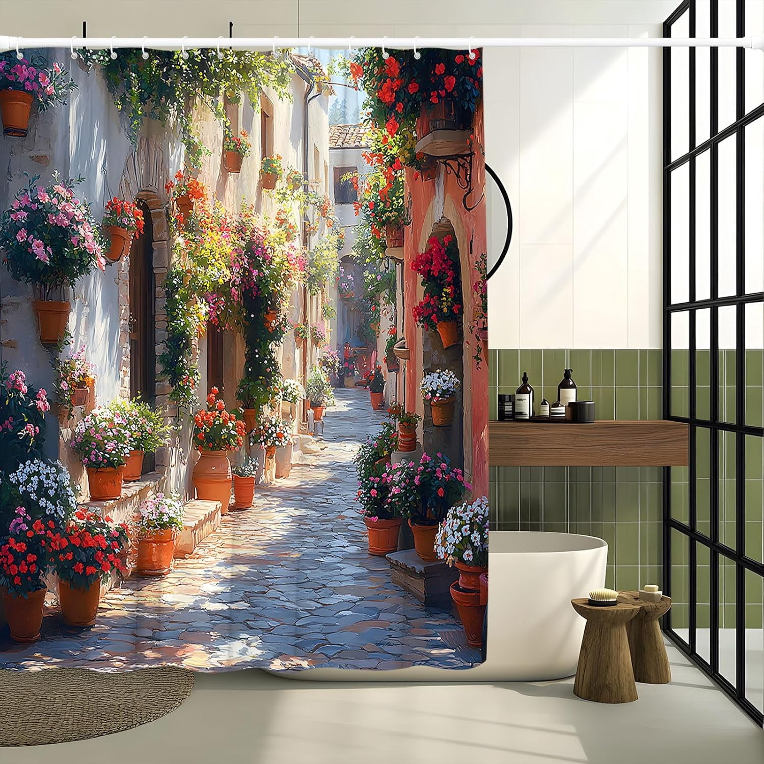 Italian Street Shower Curtain Tuscany ance Flower Town Rustic Floral ...