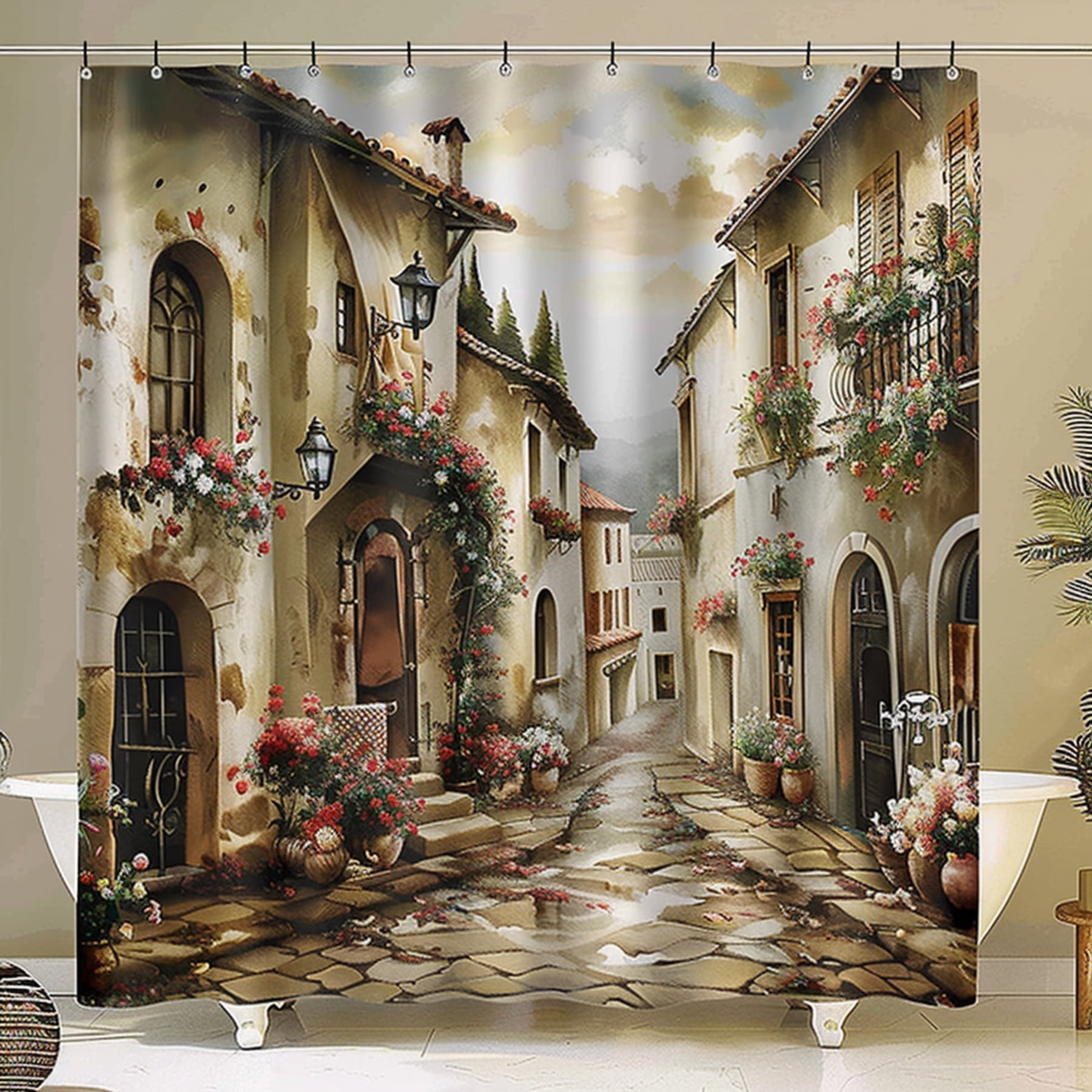Italian Street Vintage Style Shower Curtain Medieval Scene With Houses