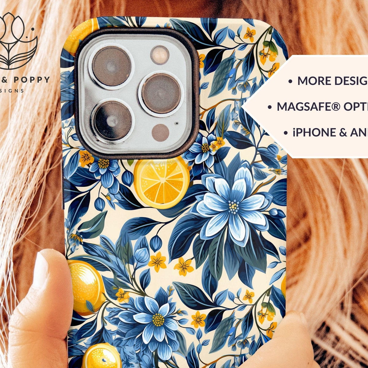 Italian Summer Capri Toile Phone Case with a Blue and Yellow Lemons ...
