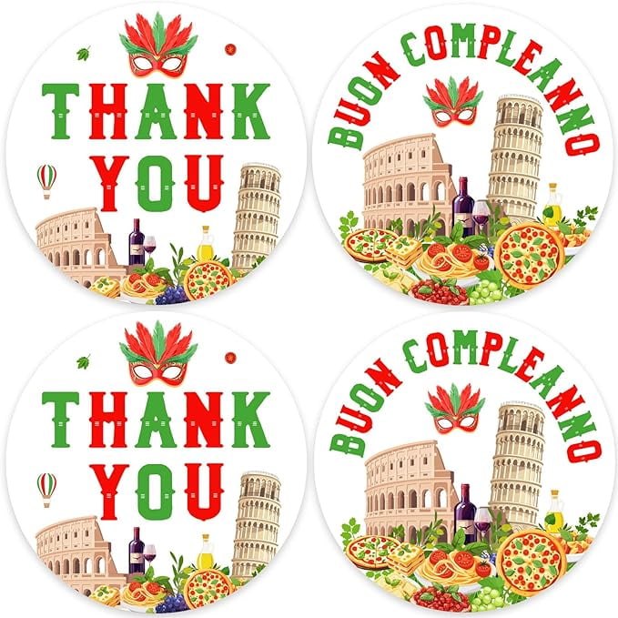 Italian Themed Thank You Stickers for Birthday Party - 10 Sheets with 8 ...